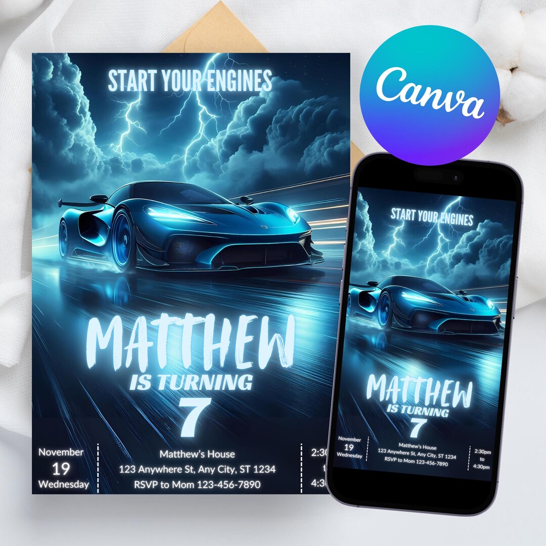 Editable Blue Race Car Invitation, Sports Car Invite, Car Race Invite ...