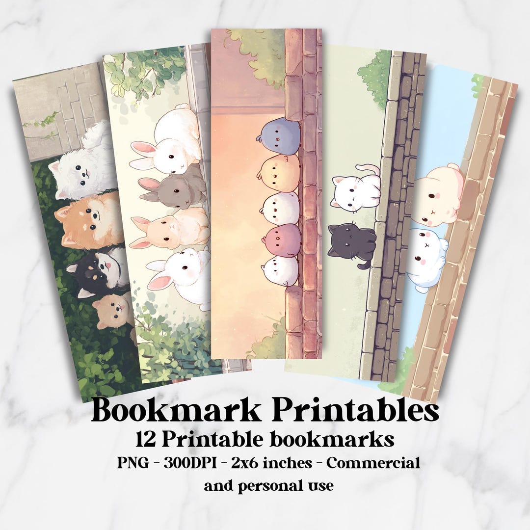 Printable Kawaii Animal Bookmark, Cute Cat and Dog Digital Download ...
