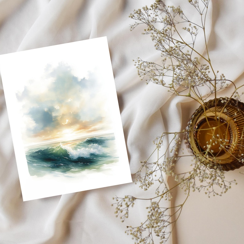 Watercolor Ocean Sunset Card, Beach Landscape, Nature Lover Gift, Rough ...