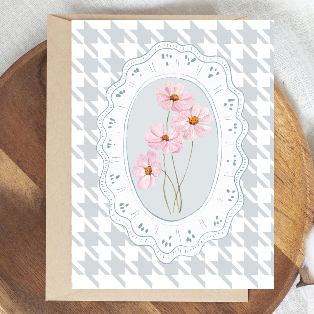 Pink Floral Houndstooth Card, Grandmillennial Lace Frame Stationery ...