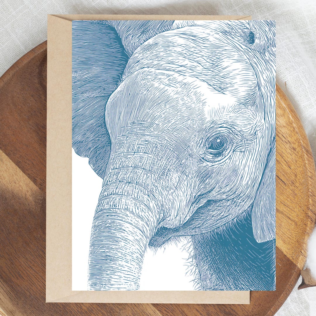 Elephant Linocut Style Greeting Card, Cute Animal Illustration Note ...