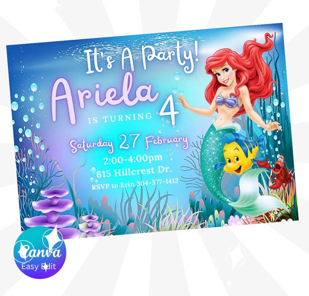 Little Mermaid Birthday Invitation, Editable Ariel Party Invitation ...