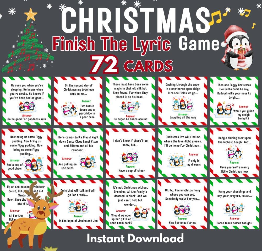 Christmas Party Finish the Lyrics Game, Christmas Carol Game, Printable ...