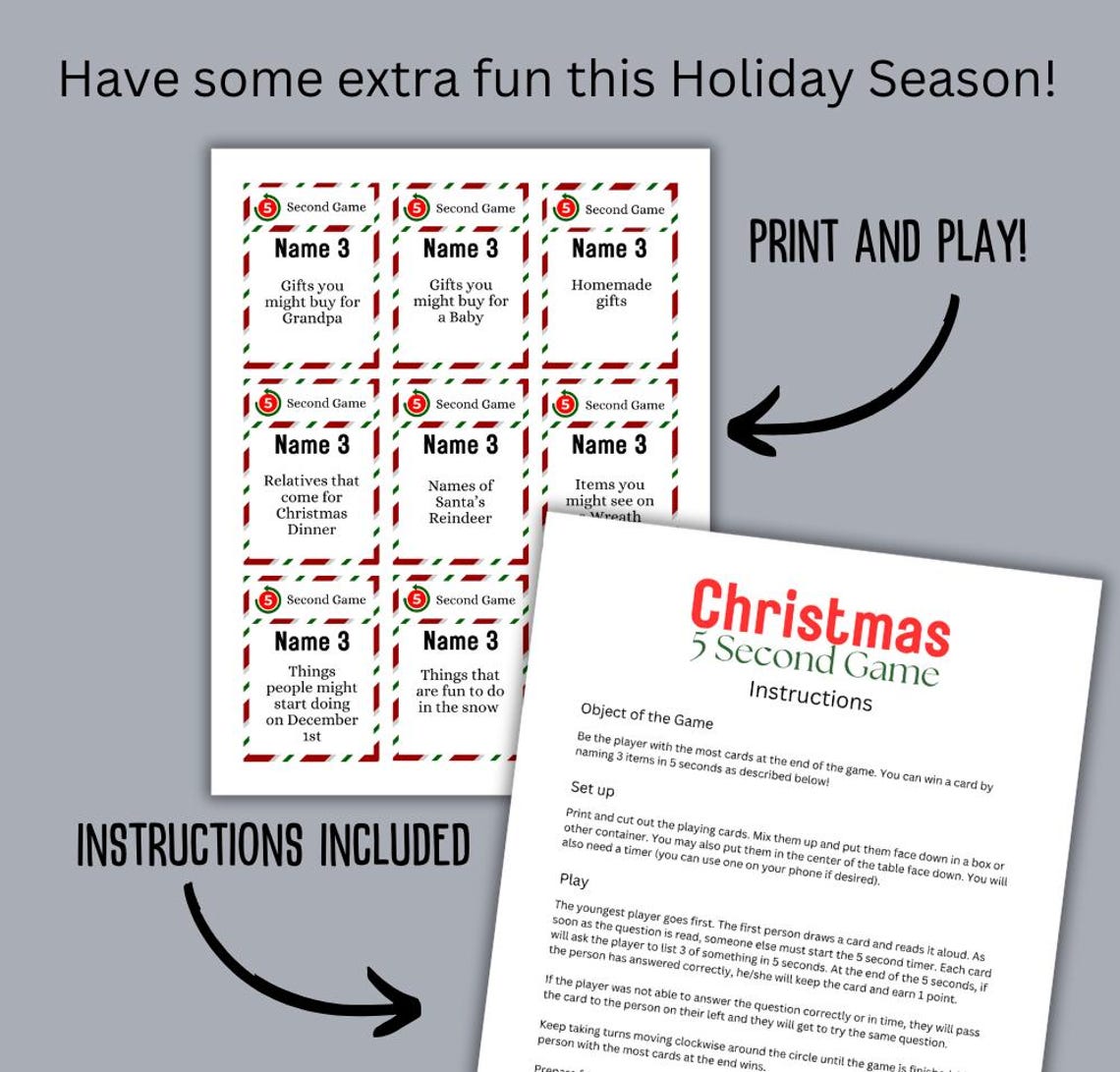 Christmas 5 Second Game, Christmas Party Game, Printable Holiday 5 ...