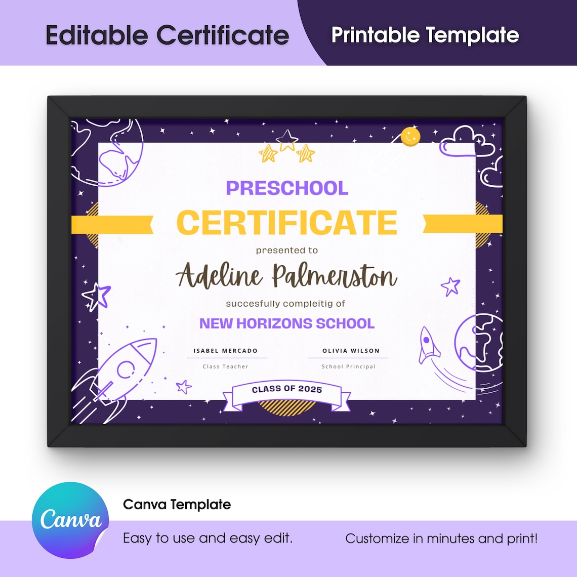 Editable Space-themed Certificate for Kids – A4 Canva Template ...