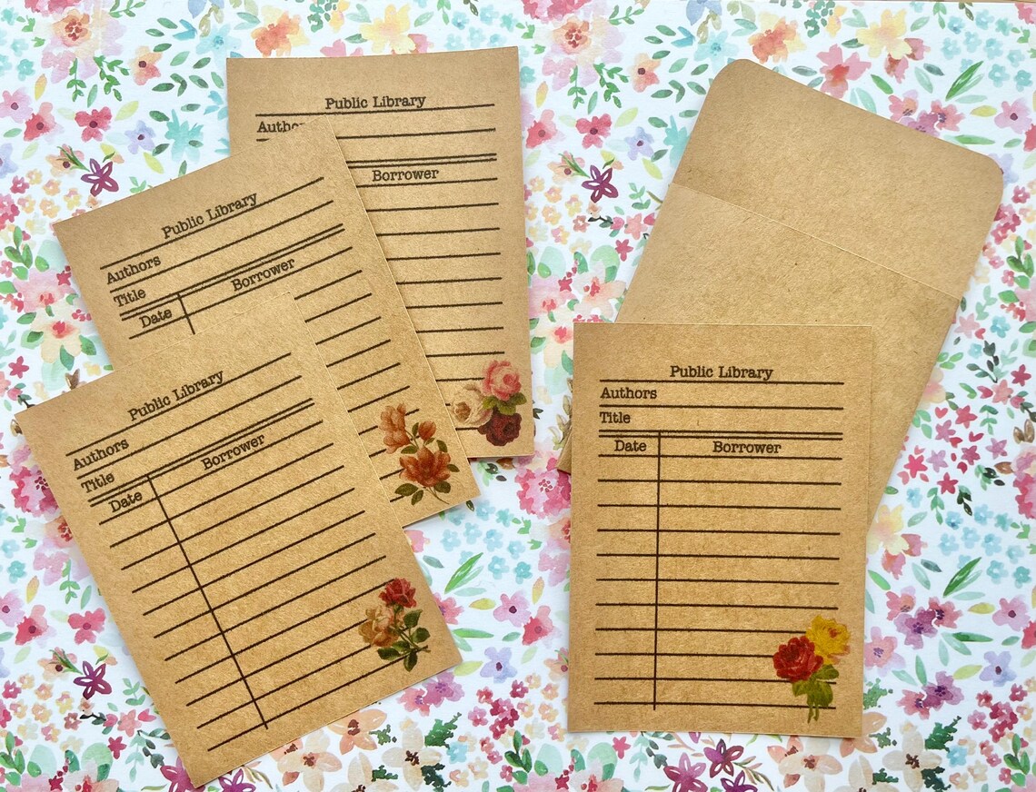 Vintage Floral Library Cards + Pockets, Set of 4, Kraft - Etsy