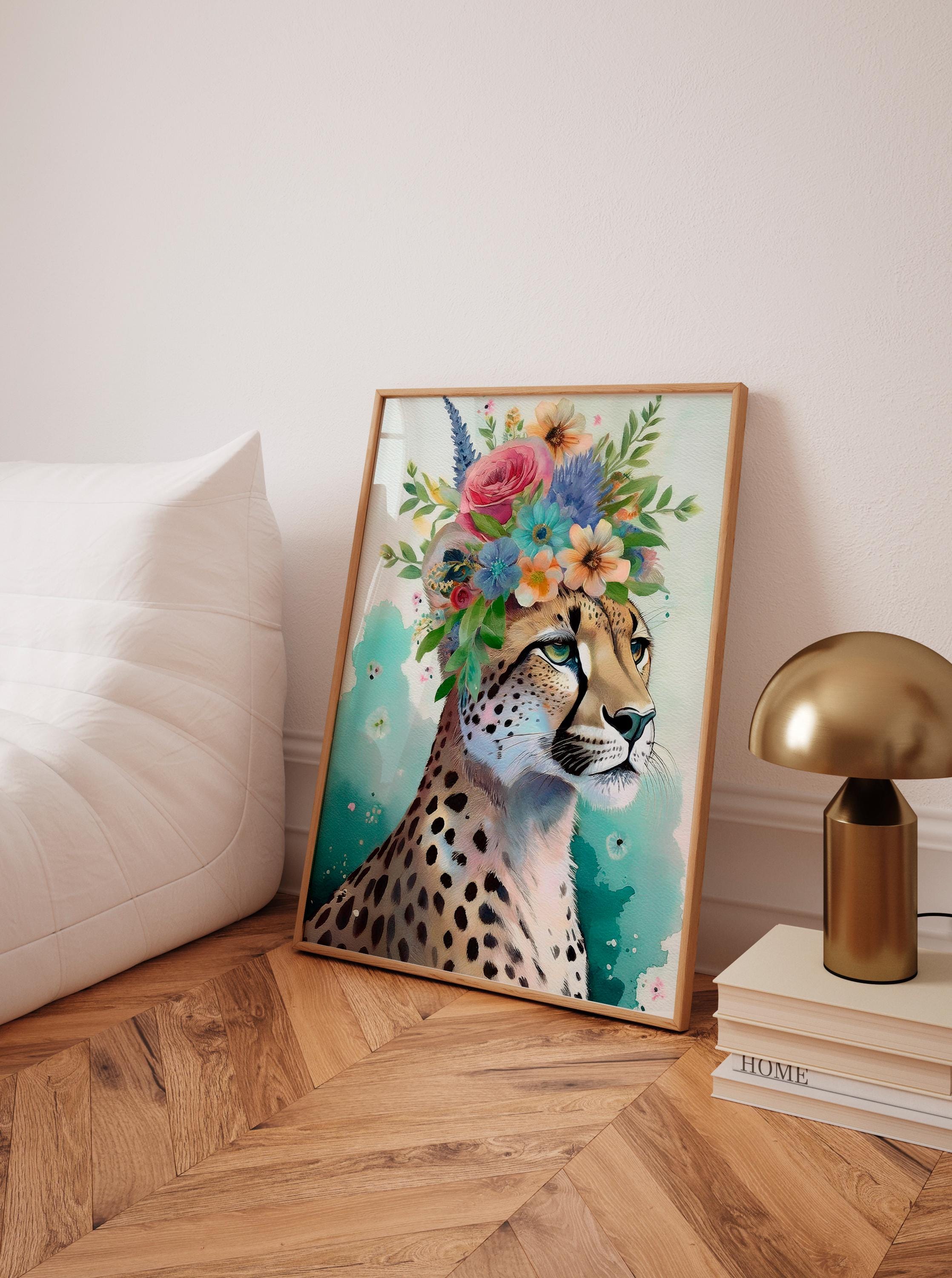 Cheetah, Watercolor, Flower Crown, Wall Art, Maximalist, Animal Print ...