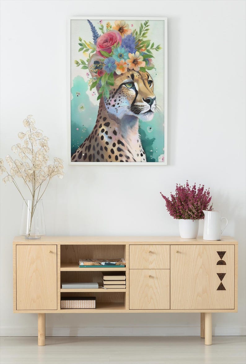 Cheetah, Watercolor, Flower Crown, Wall Art, Maximalist, Animal Print ...