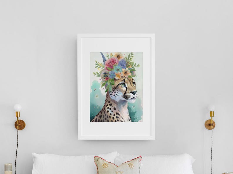 Cheetah, Watercolor, Flower Crown, Wall Art, Maximalist, Animal Print ...