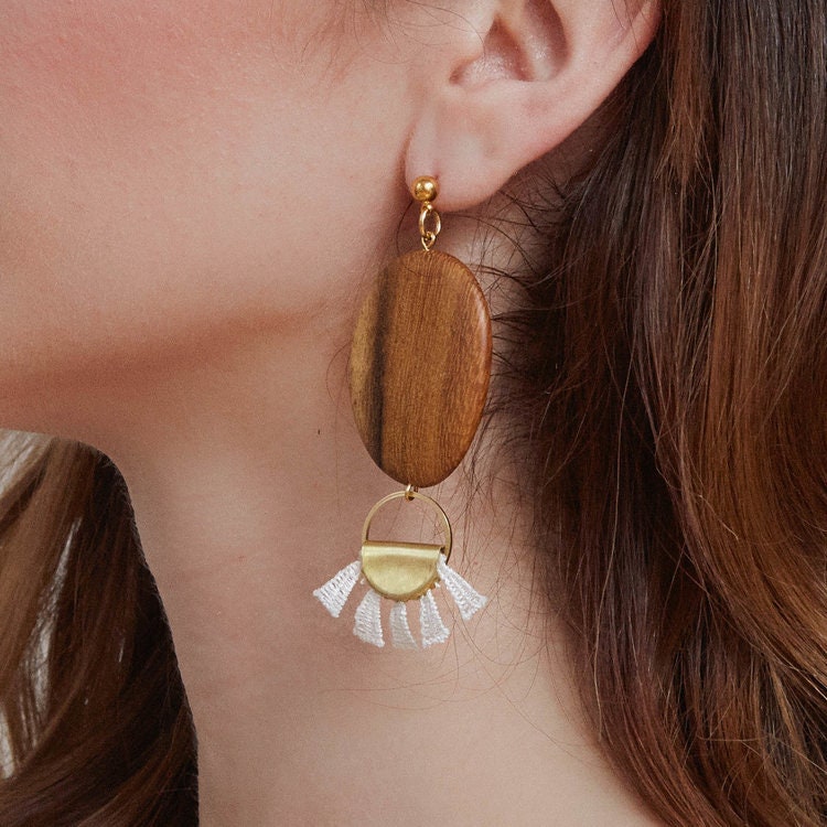 Abstract Statement Earrings - NYALA - Wood Pendant Earrings With Lace ...