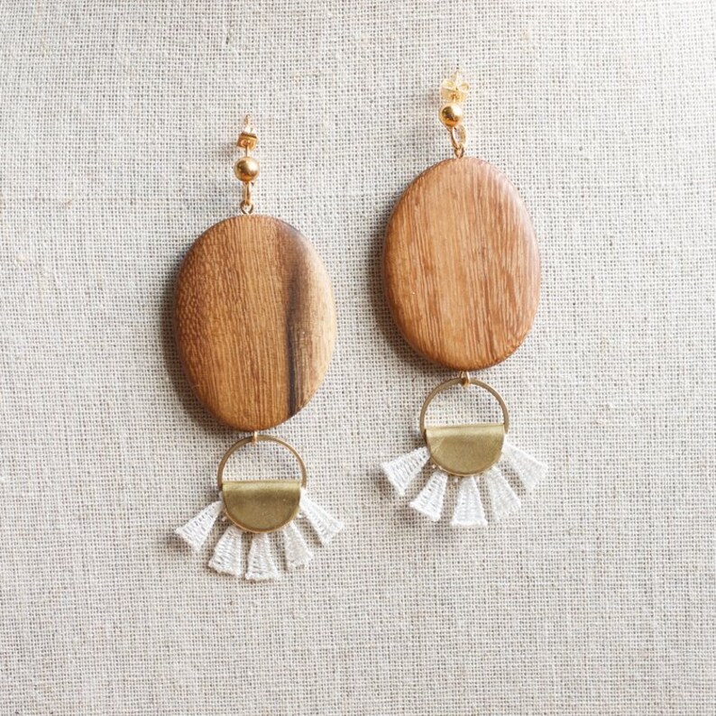 Abstract Statement Earrings - NYALA - Wood Pendant Earrings With Lace ...