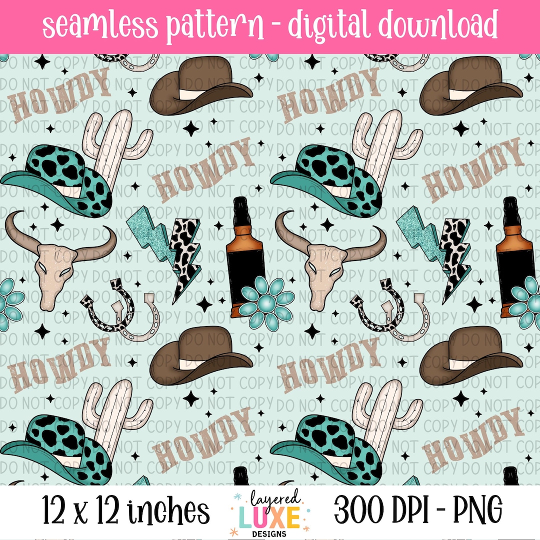 Cow Skull Western Pattern Digital Paper: Turquoise, Cow Print (PNG ...