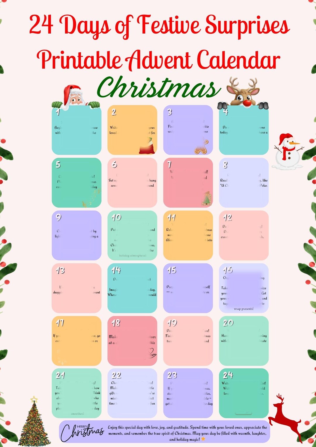 Printable Advent Calendar Christmas Countdown Activities for Kids ...