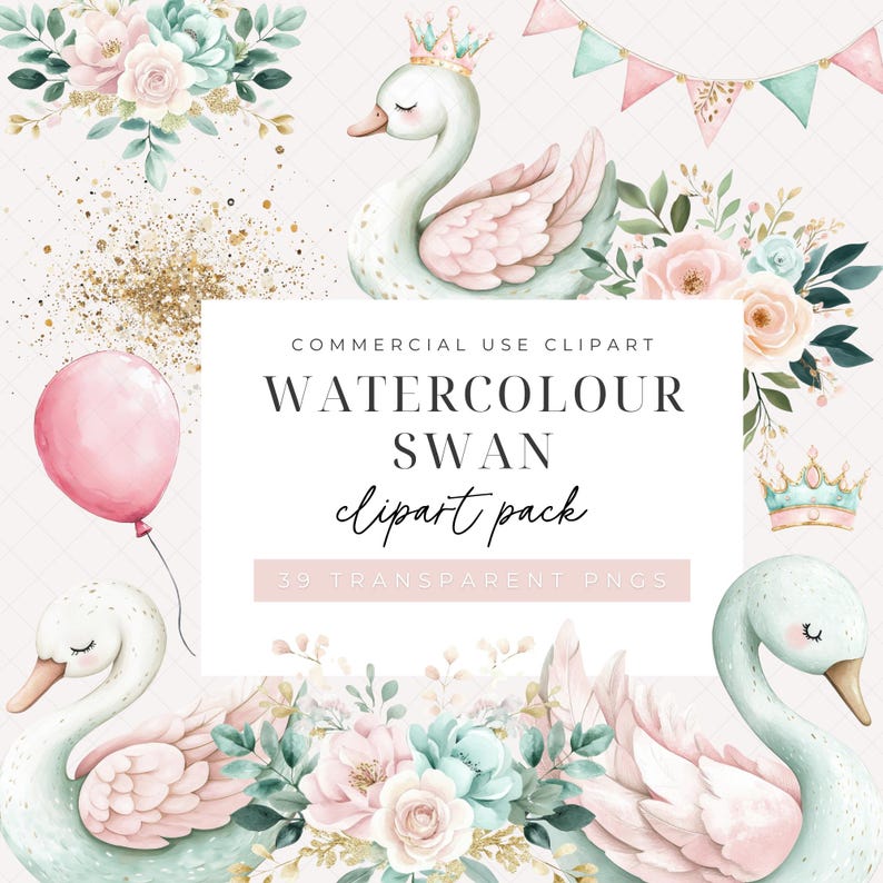 Watercolour Swan Clipart, Clipart for Commercial Use, Transparent Pngs ...