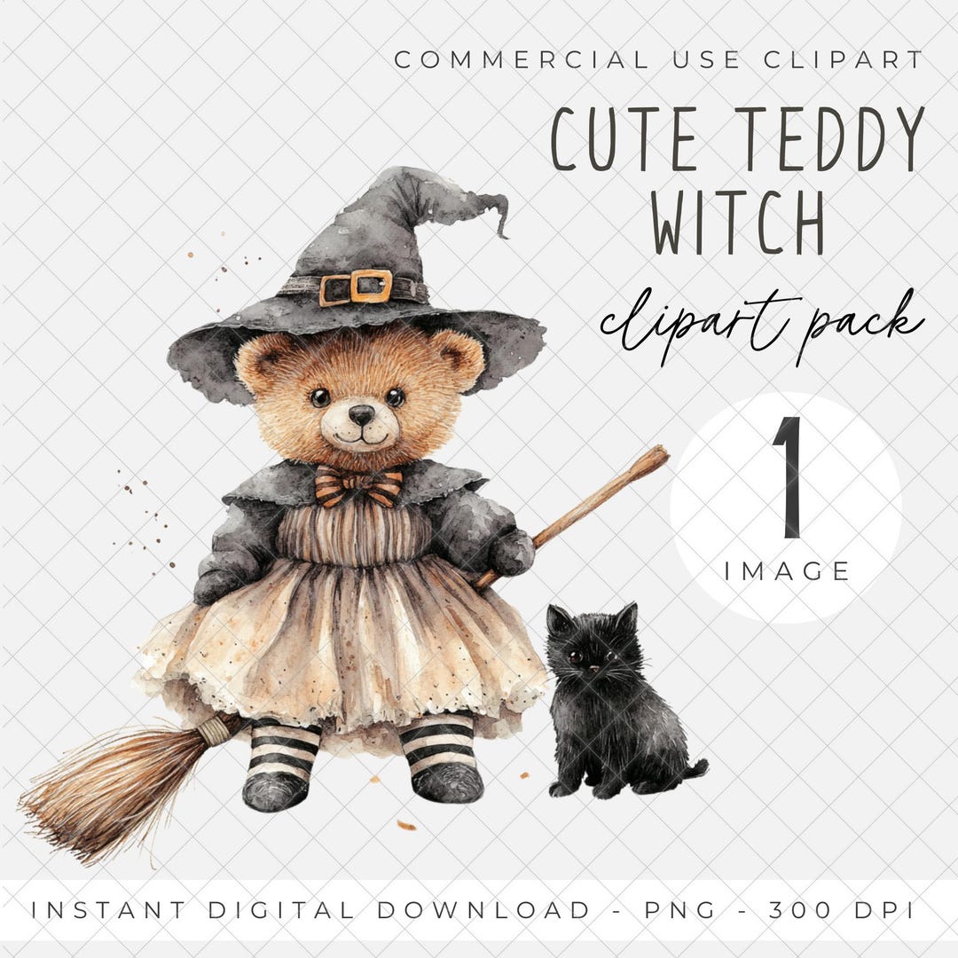 Halloween Teddy Bear & Broomstick PNG, Teddy Witch Clipart, Halloween ...