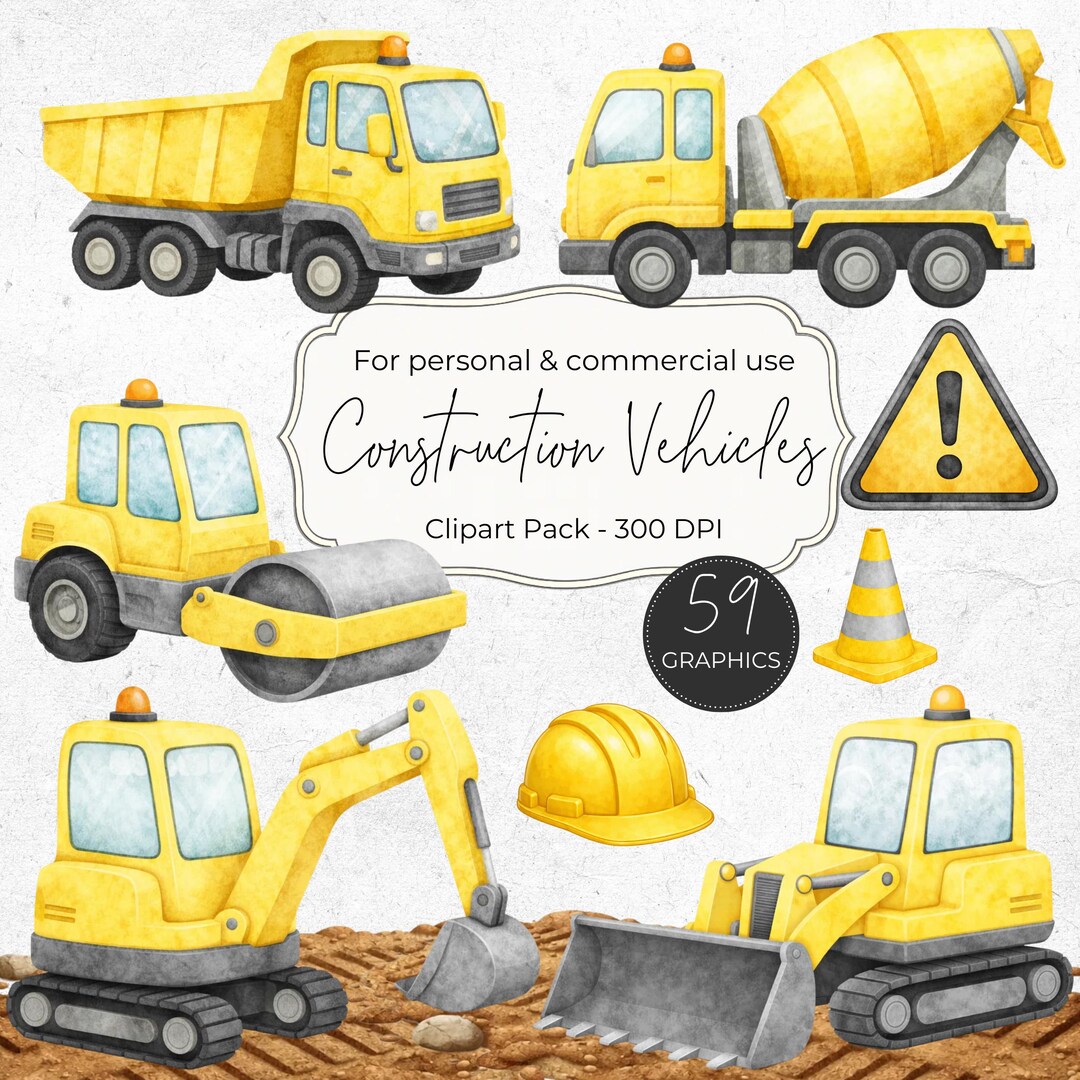 Construction Vehicles Clipart Pack, Watercolour Digger Dump Truck ...