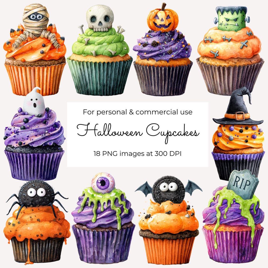 Halloween Cupcake Clipart Set, Spooky Cupcakes PNG, Watercolour ...