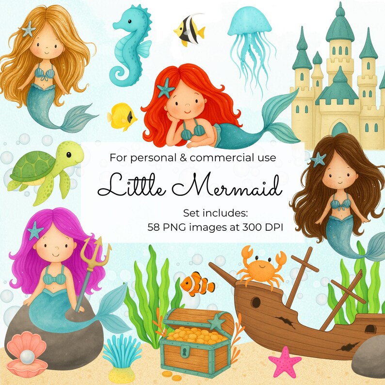 Little Mermaid Clipart Set: 58 PNG Graphics, Commercial Use - Etsy ...