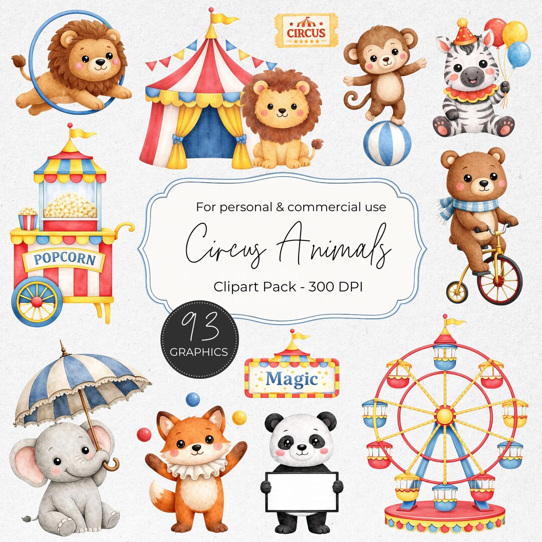 Circus Animals Clipart Bundle, Cute Watercolour Carnival Clipart PNG ...
