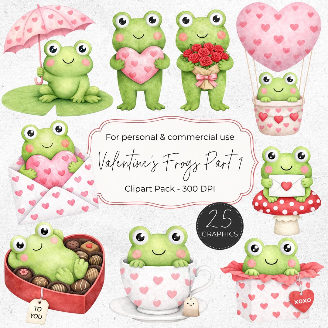 Valentine’s Frogs Clipart Bundle, Cute Frog Valentine PNG, Watercolour ...