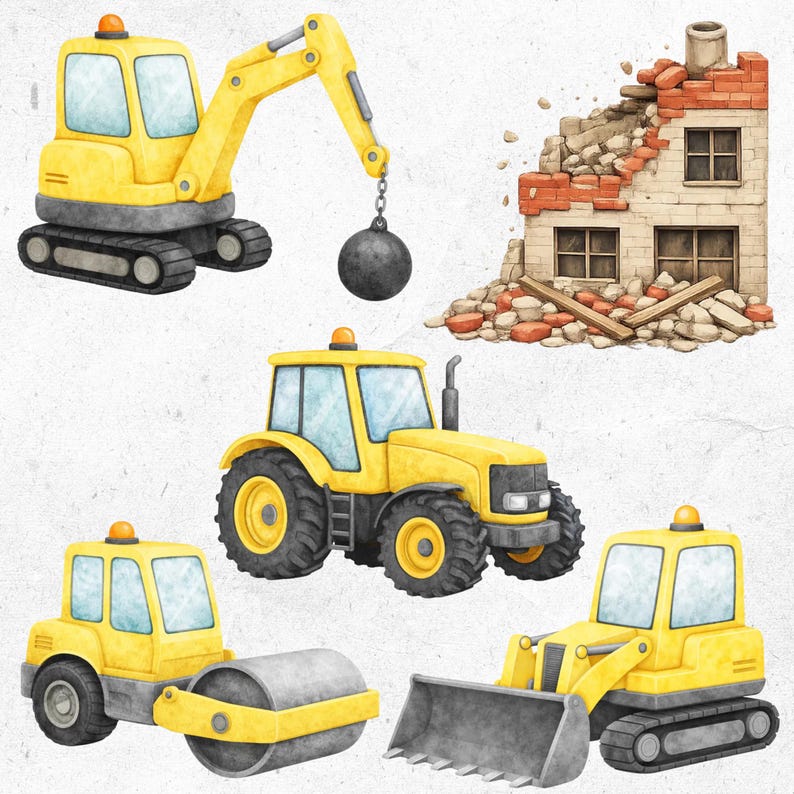Construction Vehicles Clipart Pack, Watercolour Digger Dump Truck ...