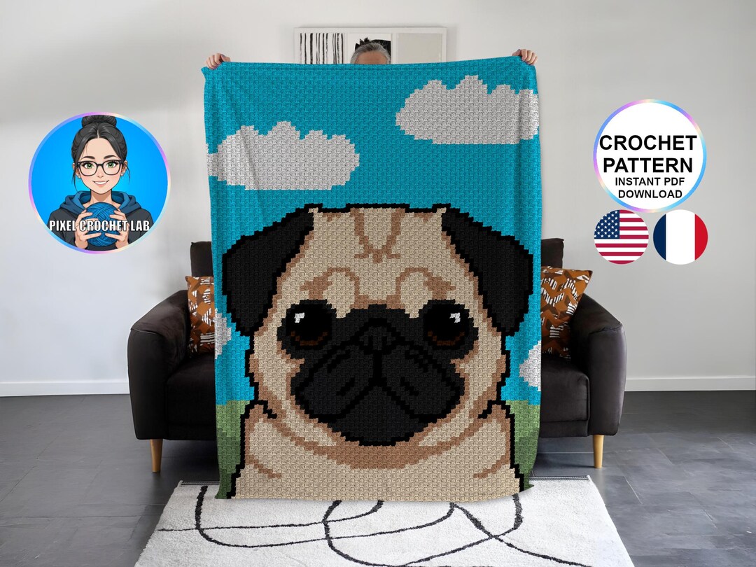 Pug C2C Blanket Crochet Pattern, Afghan Animal Dog Pattern, Plaid ...
