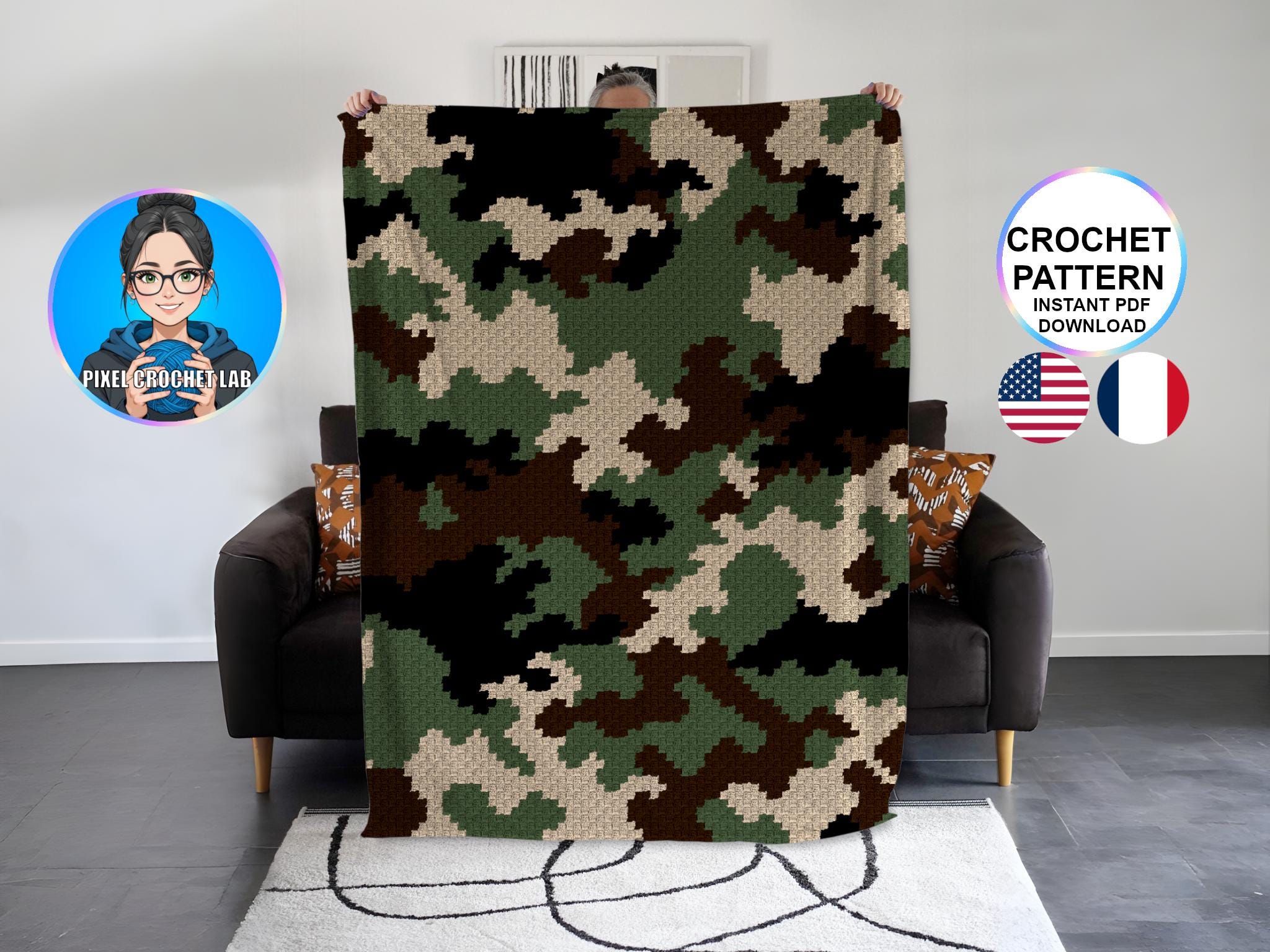 Camo C2C Blanket Crochet Pattern, Camouflage Afghan Pattern, Military ...