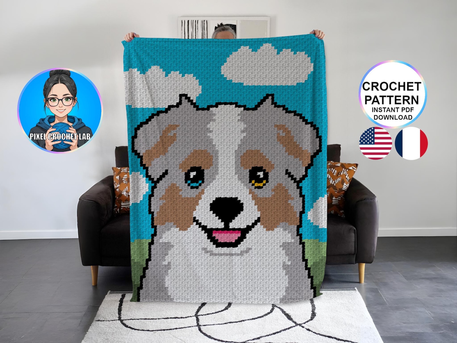 Australian Sheperd C2C Blanket Crochet Pattern, Afghan Animal Dog ...