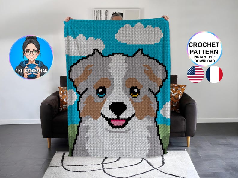 Australian Sheperd C2C Blanket Crochet Pattern, Afghan Animal Dog ...