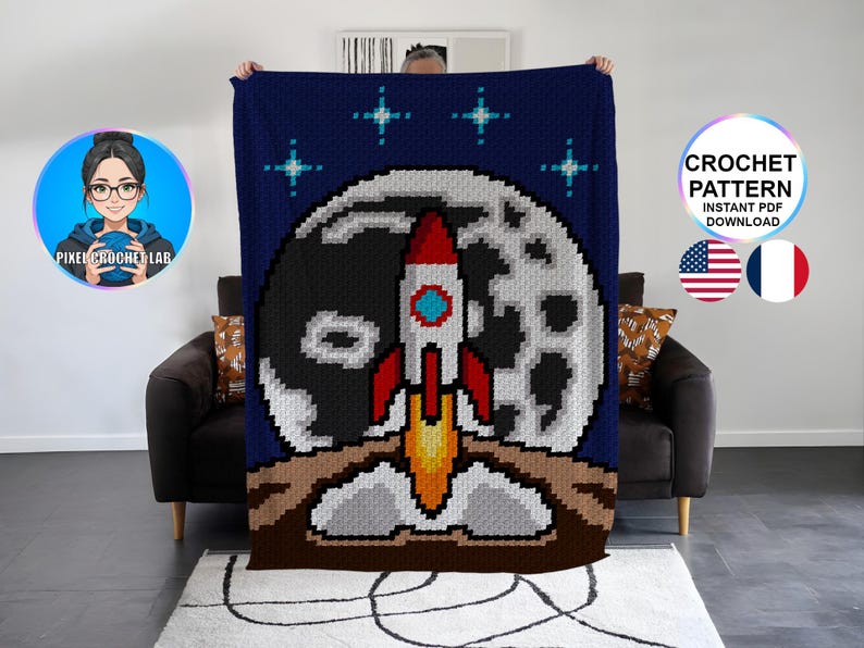 Spaceship C2C Blanket Crochet Pattern, Afghan Moon and Stars Pattern ...