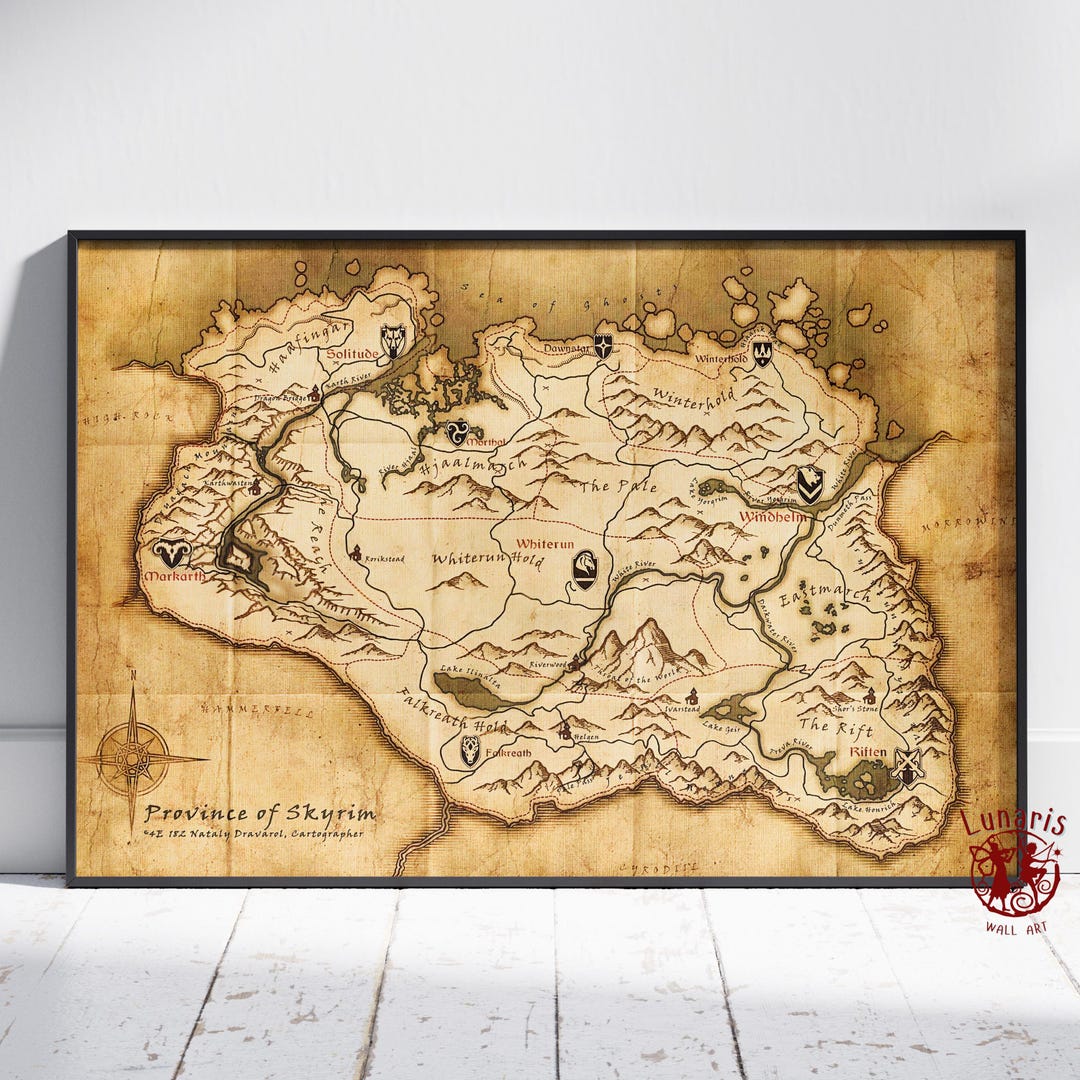 The Province of Skyrim Map Poster Dragonborn Wall Art Unframed Canvas ...