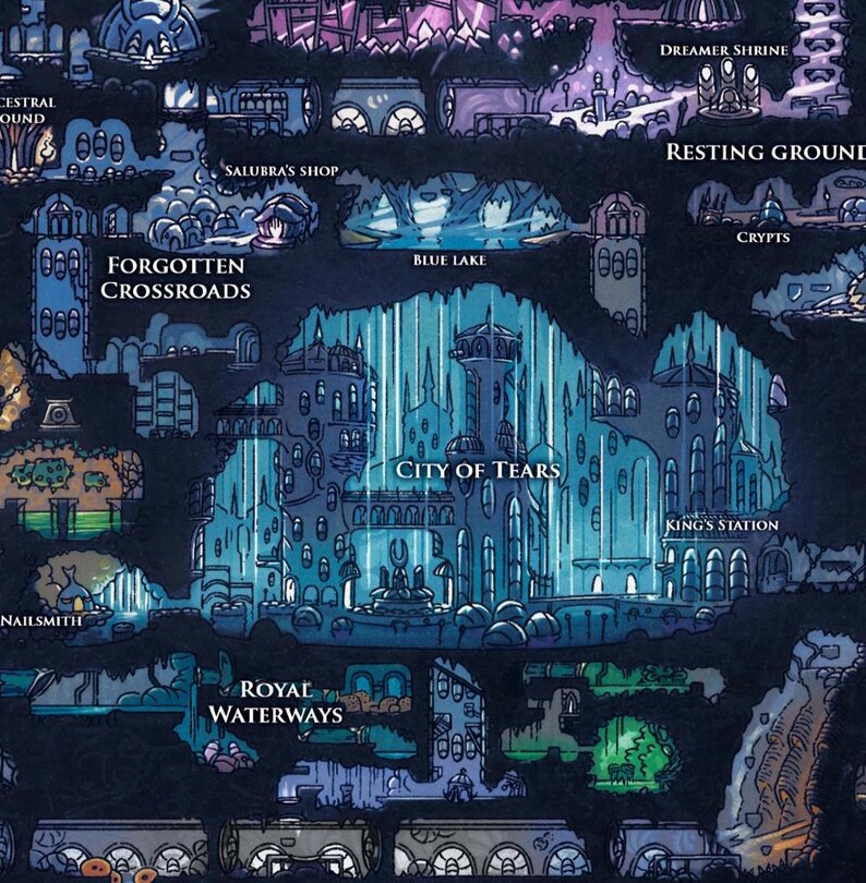 Hollow Knight Map Poster | Hallownest Wall Art | Unframed Canvas Print ...