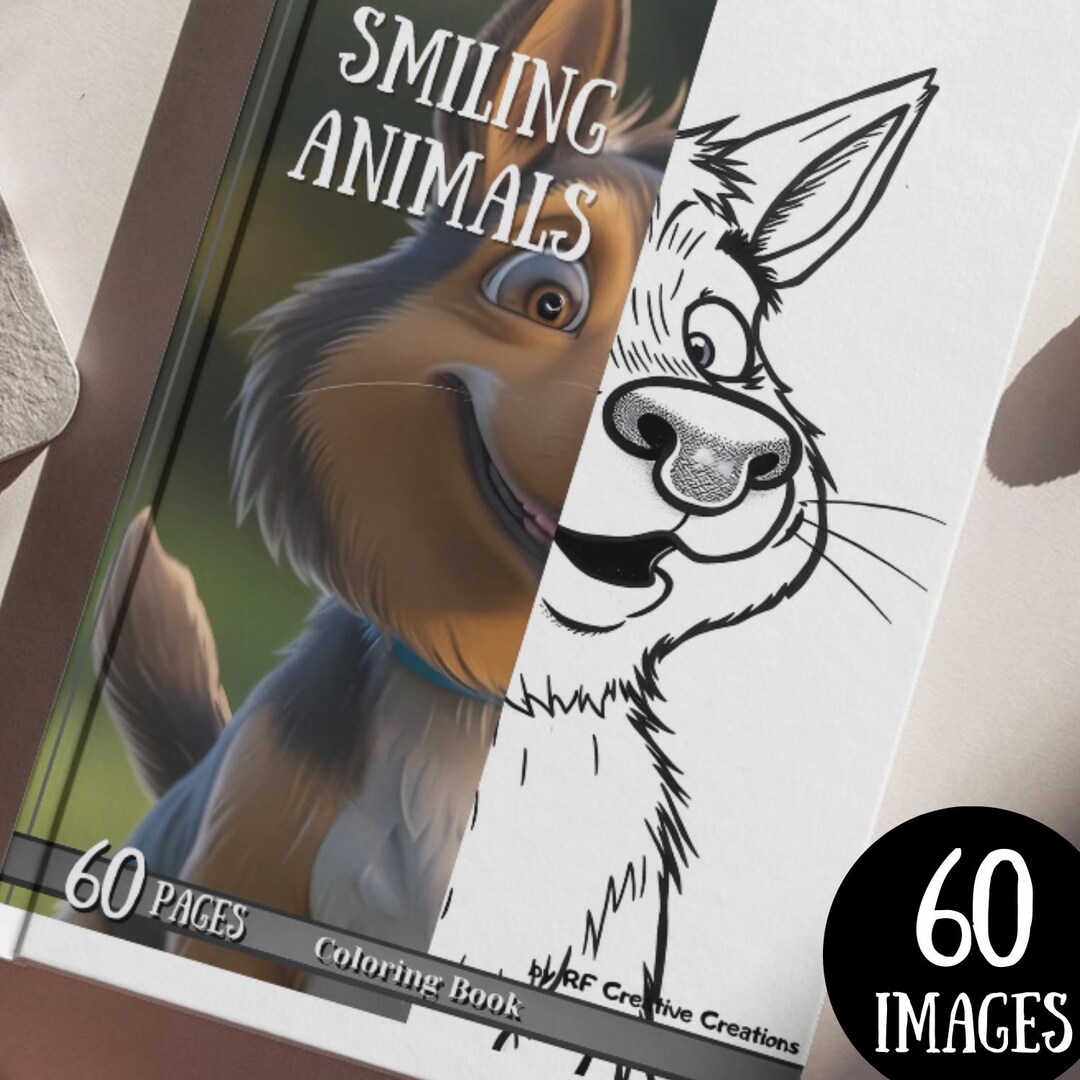 60 Smiling Animals Coloring Pages - Adult Kids Coloring Book, Instant ...