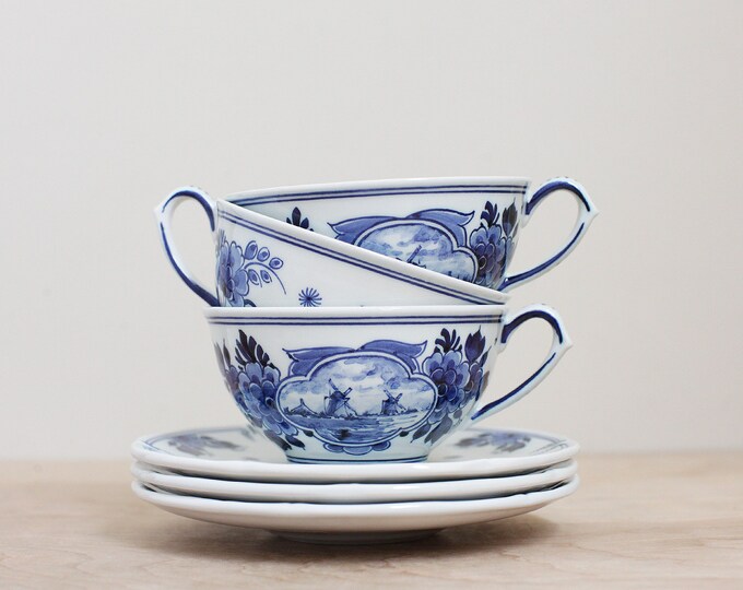 Royal Delft Blue Holland W Windmill Design Tea Cups & Saucers Set of 3 ...