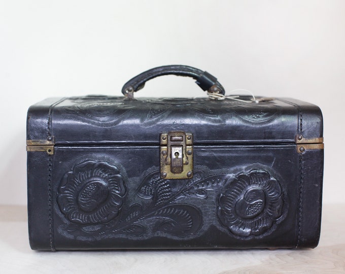 Hand Tooled Black Leather Train Case by Flores' Bags W Key!/ Unique ...