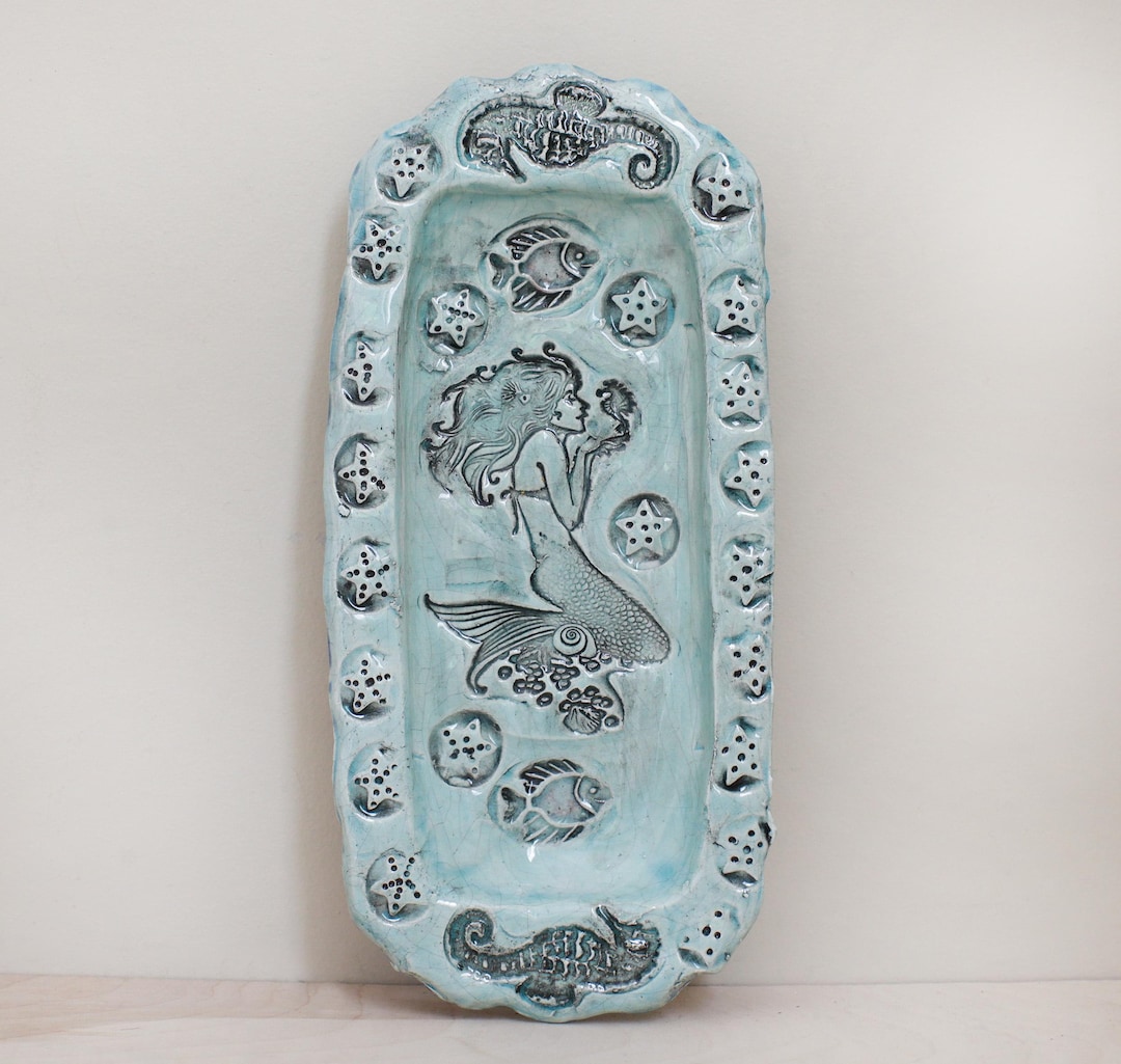 Blue Mermaid Dish W Seahorses & Stars/ Unique Hand Thrown Stamped ...