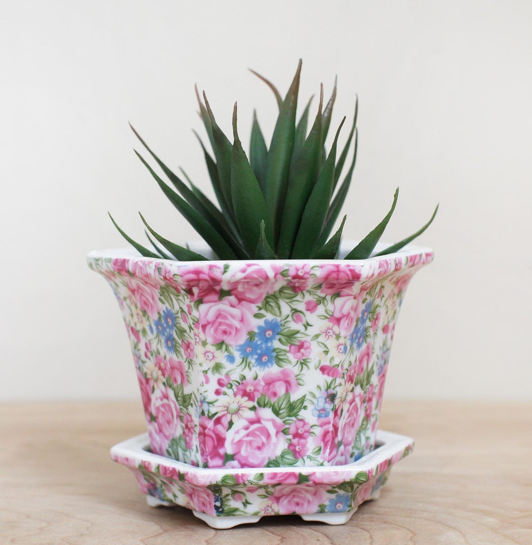 Ardco Dallas Chintz Floral Planter W Saucer/ Small Pretty Floral Flower ...