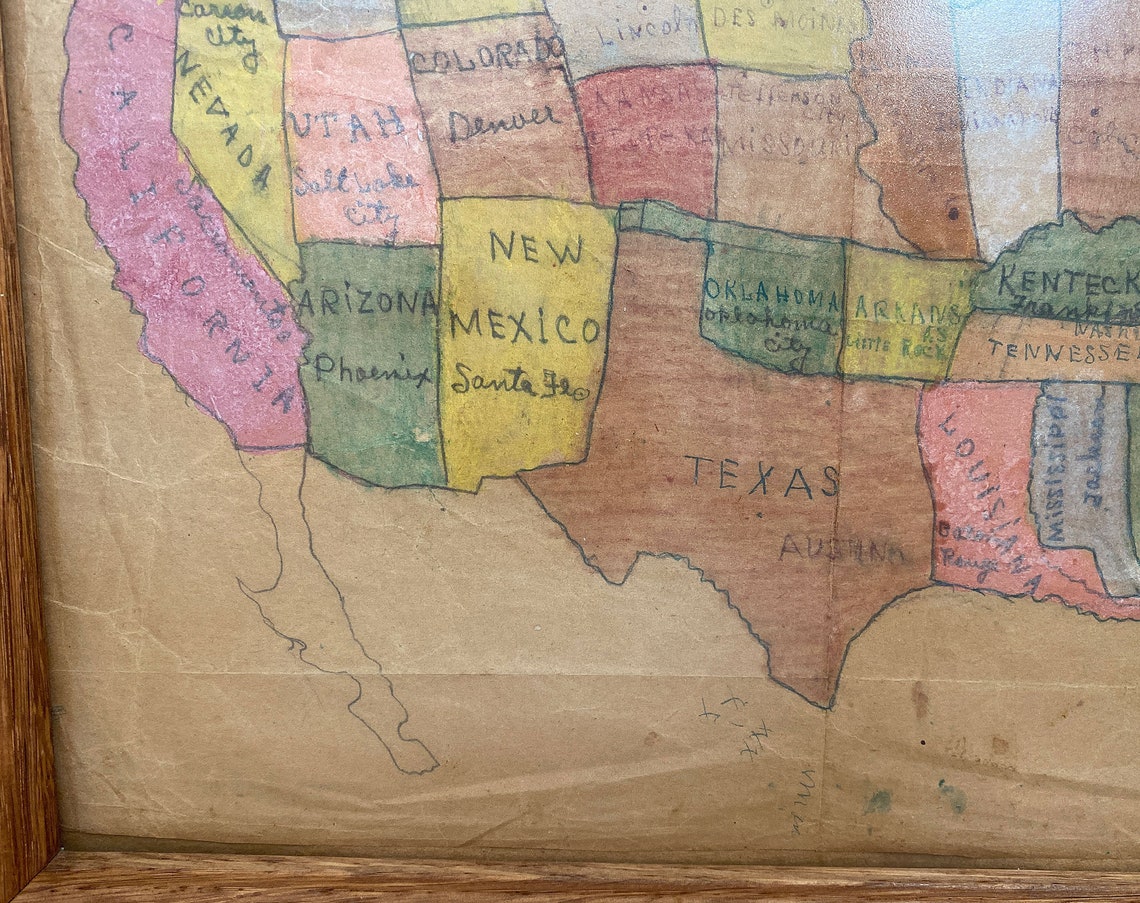 Hand Drawn & Colored US Map Dated 1925/ Wonderful Primitive - Etsy
