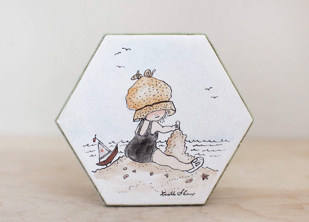 Beach Kiddo Ceramic Tile by Lucille Shoup/ 70s Cute Vintage Kitsch Art ...