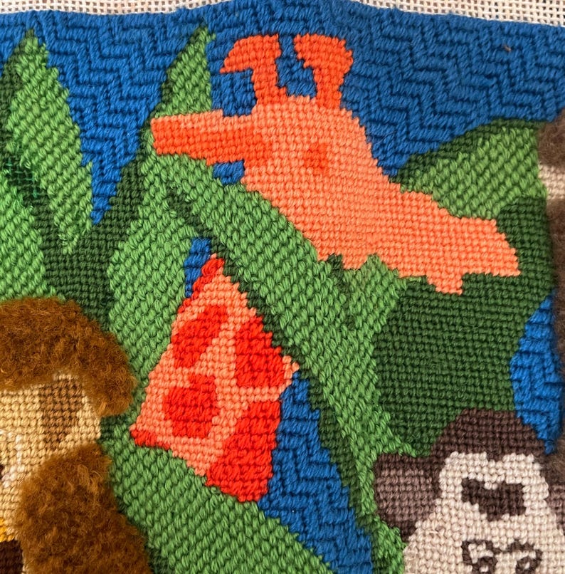 Vintage Jungle Animal Needlepoint Art/ Groovy 70s Unframed Kitschy ...