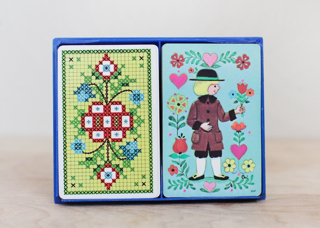 Folk Art Amish Style Playing Card Set/ Super Cute Vintage 70s Set/ Two ...