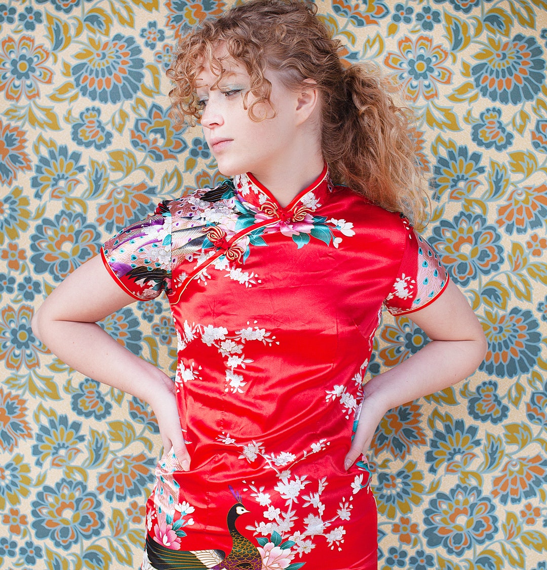 Long Red Cheongsam Dress With Peacock Design by J.X.N. Hua Size Small ...