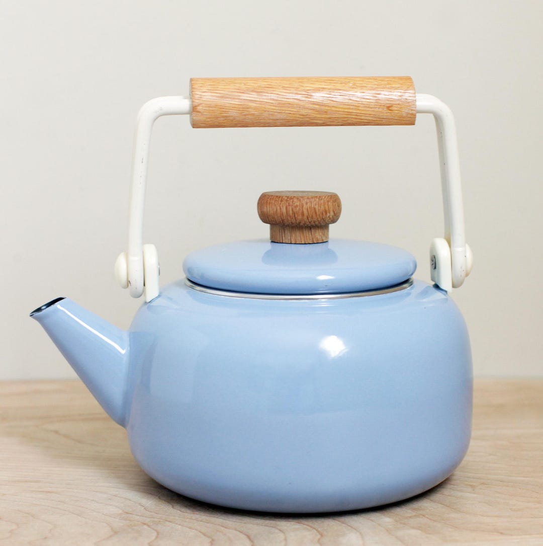 Baby Blue Tea Kettle W Unique Wood Grip Handle/ 80s Post Mod Enamel Tea ...