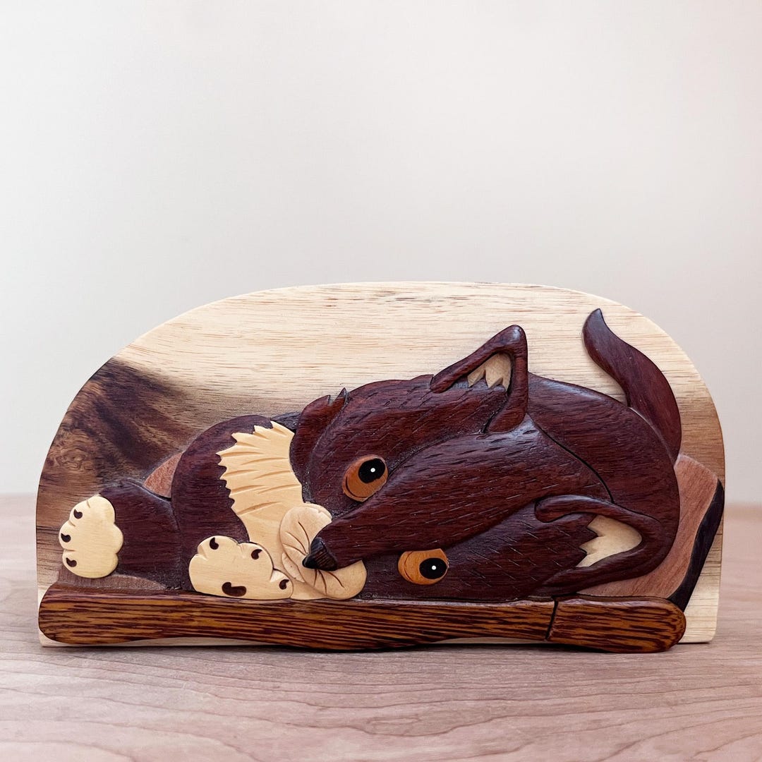Carver Dan's Wood Cat Puzzle Box/ Unique Wood Carved Artisan Stamped ...