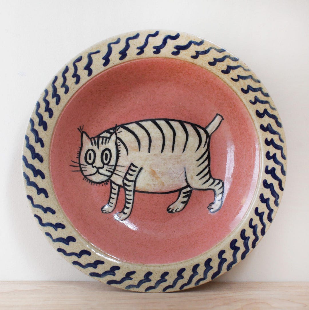 Hand Thrown Studio Folk Art Cat Dish/ Beautiful One of a Kind Signed (prier?) & Dated 1991 ...
