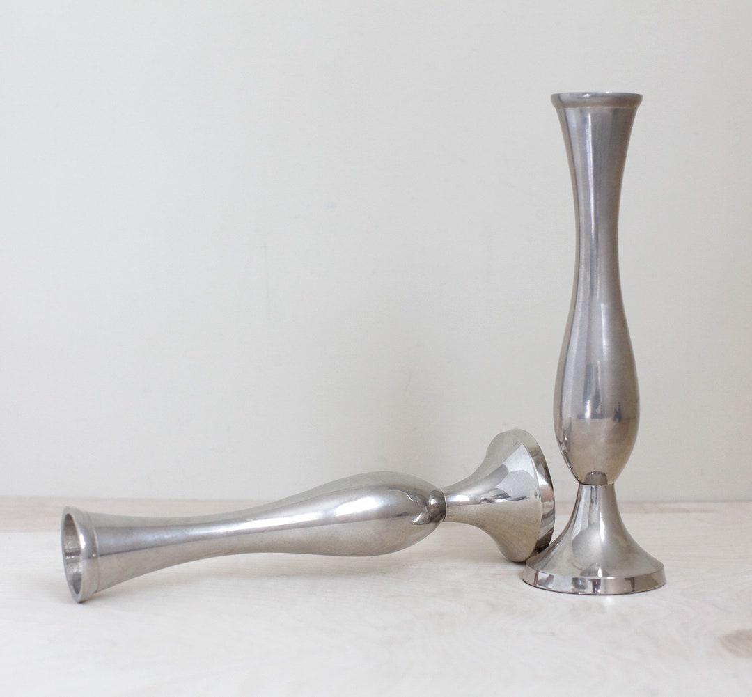 Set of 2 Tall Pewter Candlesticks/ Boho Chic Stylish Curved 8" Candle ...