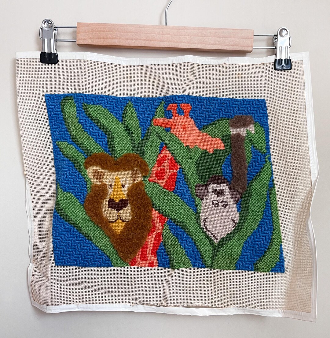 Vintage Jungle Animal Needlepoint Art/ Groovy 70s Unframed Kitschy ...