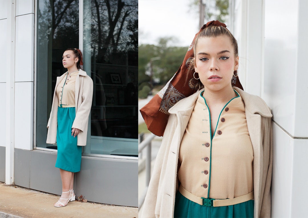 Lady Carol Beige & Teal Dress Size M/ Groovy 70s Two Colored Polyester ...