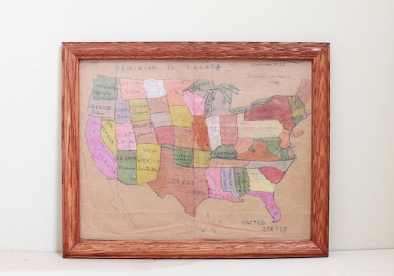 Hand Drawn & Colored US Map Dated 1925/ Wonderful Primitive - Etsy