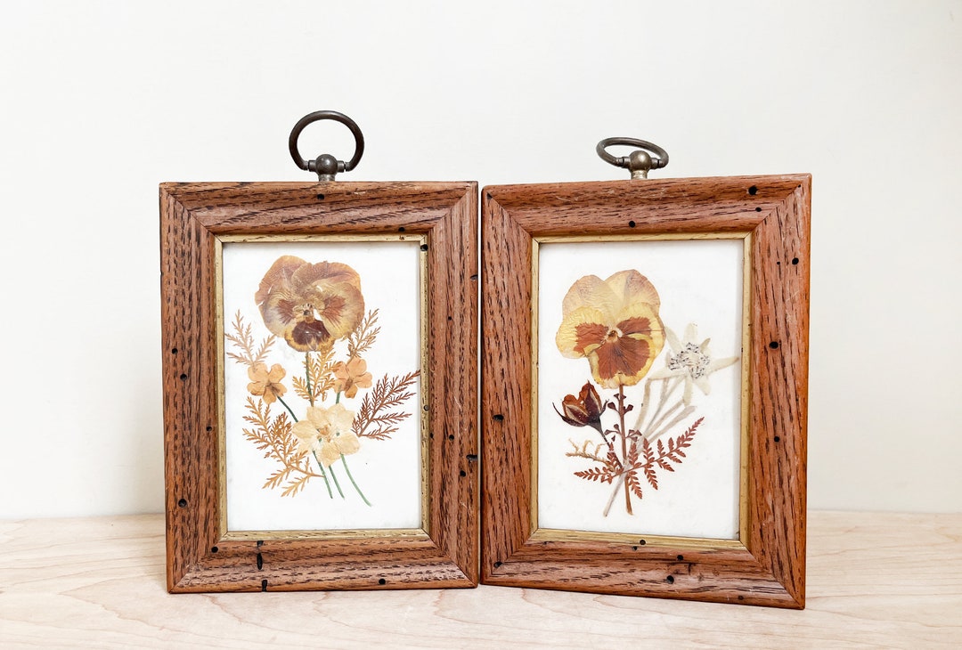 Set of 2 Pressed Flower Art W Worm Wood Frames/ Lovely Original Floral ...